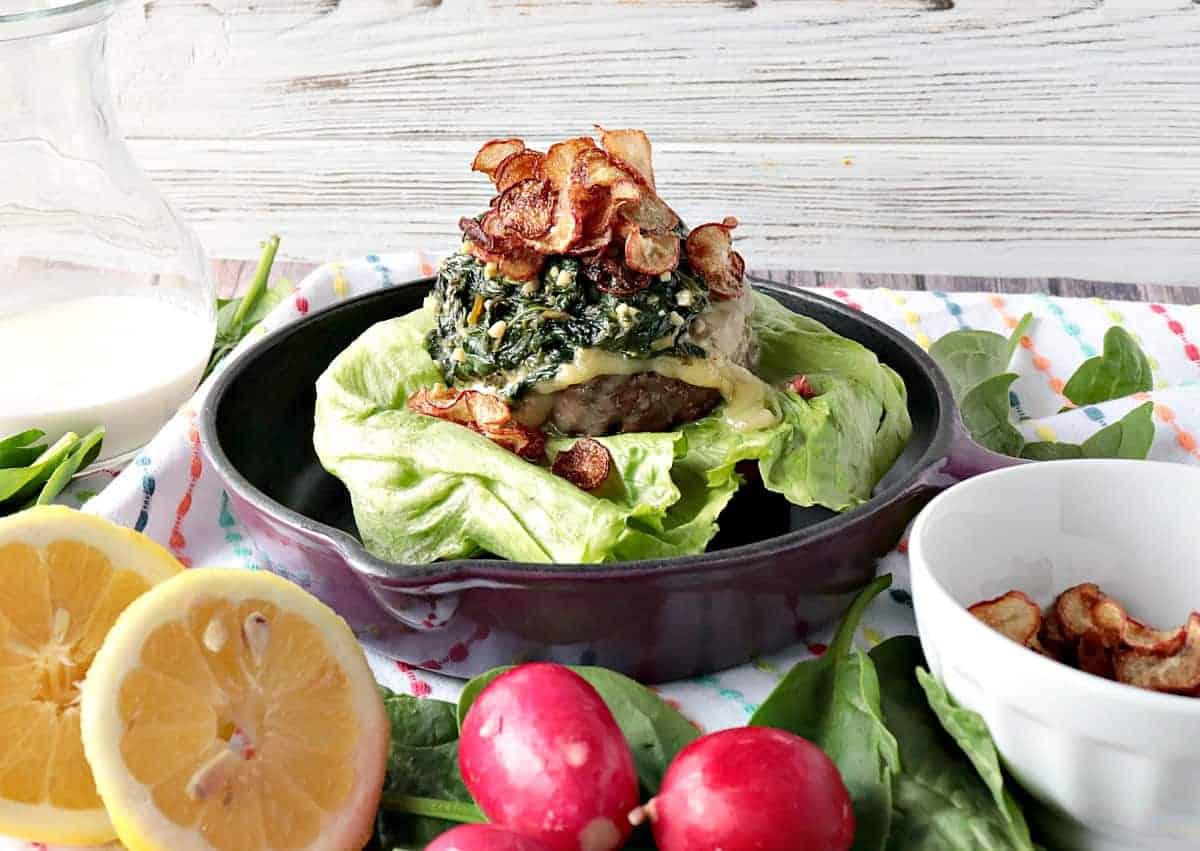 Beef Burger with Creamy Lemon Spinach & Fried Radish Chips