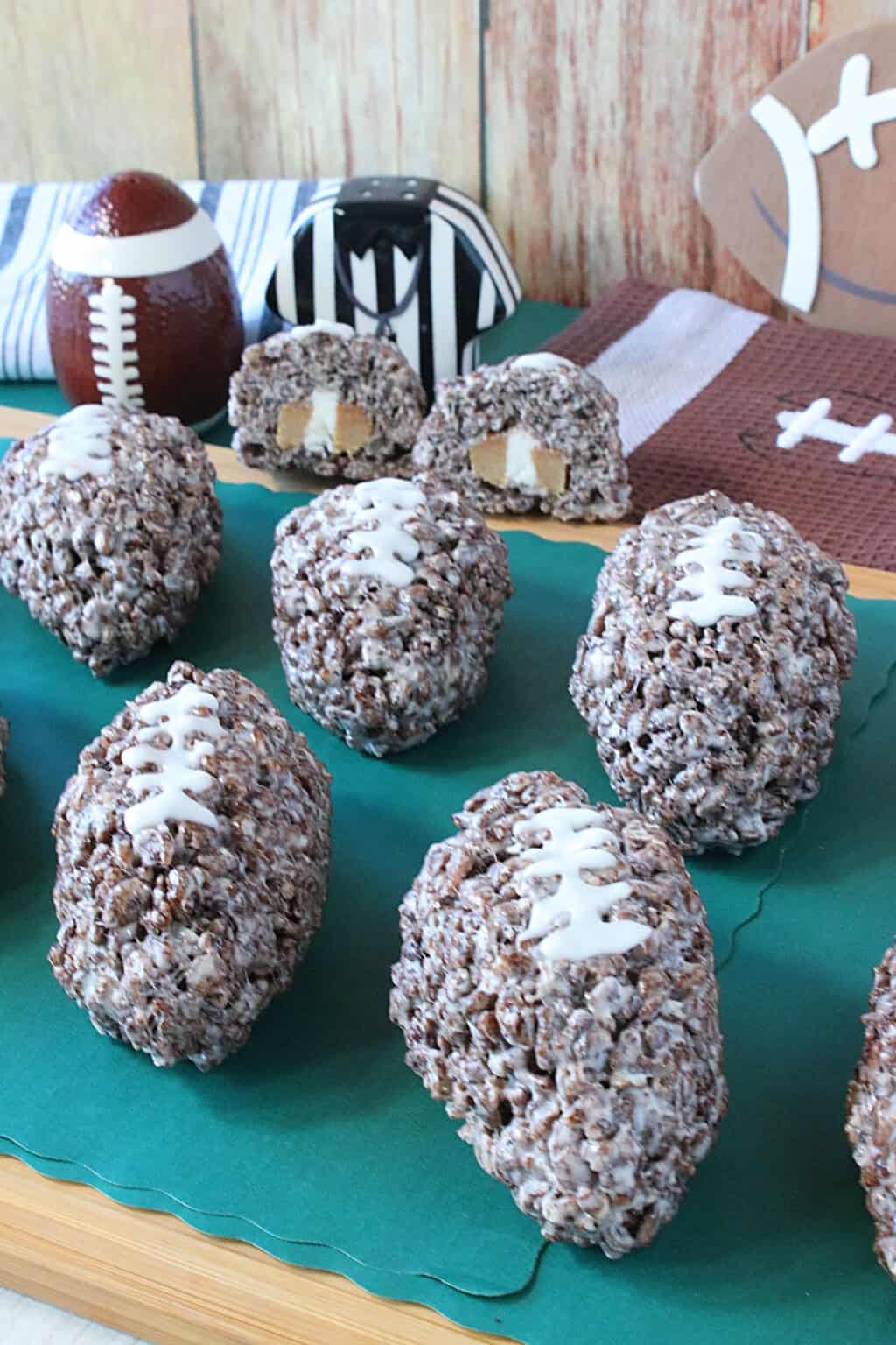 Caramel Cream Stuffed Cocoa Krispies Football Treats - Kudos Kitchen