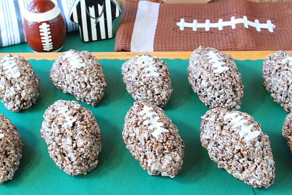 Caramel Cream Stuffed Cocoa Krispies Football Treats - Kudos Kitchen